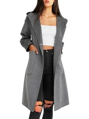 BELLE & BLOOM Belted Wool-blend Hooded Coat - Dark Grey