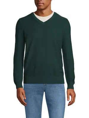 LANDS' END Lands' End Long Sleeve Washable Merino Wool V-Neck Sweater Deep Forest