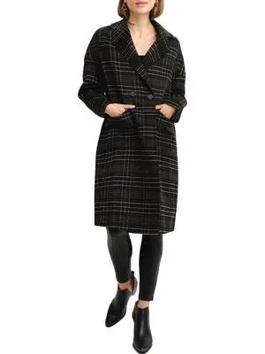 BELLE & BLOOM Double Breasted Plaid Print Wool Blend Coat - Black Plaid