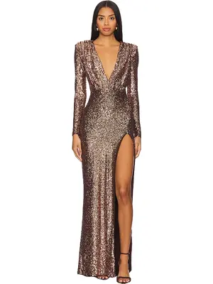 NOOKIE Sensation Plunge Long Sleeve Gown - Bronze