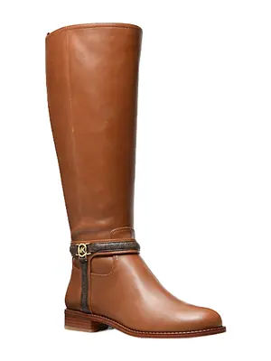 Michael Kors Mindy Leather Wide Calf Boots With Signature Logo Trim - Brown