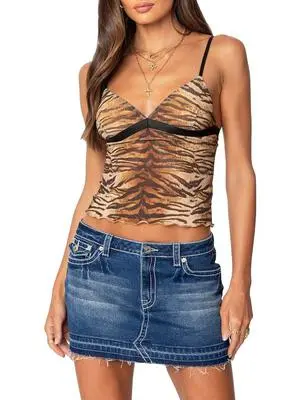 EDIKTED Tiger Stripe Print Mesh Tank Top - Beige
