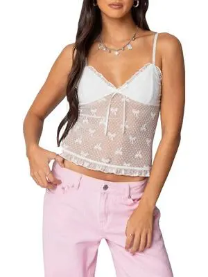 EDIKTED Bow Print Sheer Camisole - White