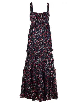 Saloni Chandra Ruffled Metallic Fil Coupé Silk-blend Maxi Dress - Blue