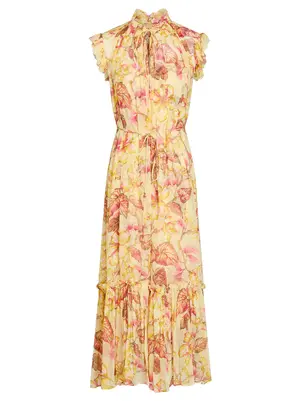 Zimmermann Floral-print Crepon Midi Dress With Ruffled Trims - Yellow