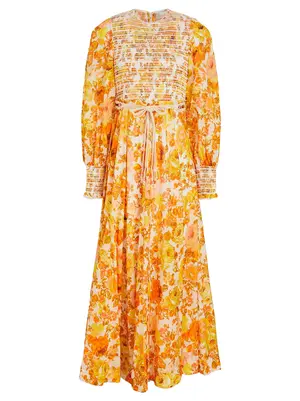 Zimmermann Shirred Floral-print Cotton Maxi Dress - Orange