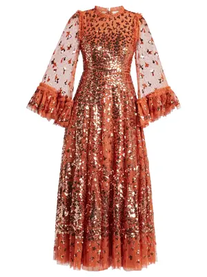 NEEDLE & THREAD Sequin Embellished Dress - Orange