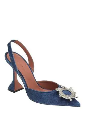 Amina Muaddi Begum Crystal Slingback Pumps - Velvet Denim White Crystals