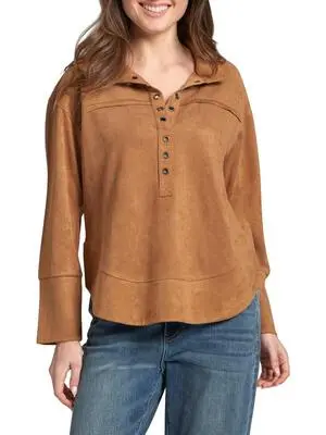 APNY Faux Leather Henley Top - Caramel