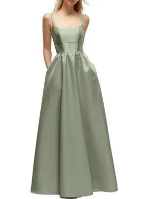 Dessy Collection Sleeveless Corset Satin Gown - Sage