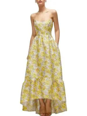 Dessy Collection Metallic Jacquard Corset High-low Gown - Golden Yellow