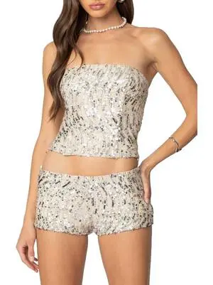 EDIKTED Wavy Sequin Strapless Corset Top - Silver