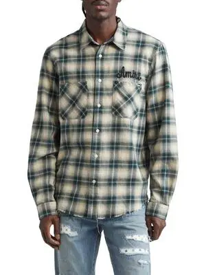 Amiri Shotgun Distressed Plaid Flannel Button-up Shirt - Evergreen