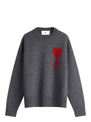Ami A Heart Crew Knit - Heather Grey/red