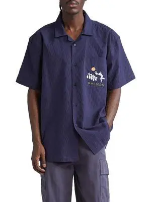 PALMES Garden Embroidered Cotton Camp Shirt - Dark Blue