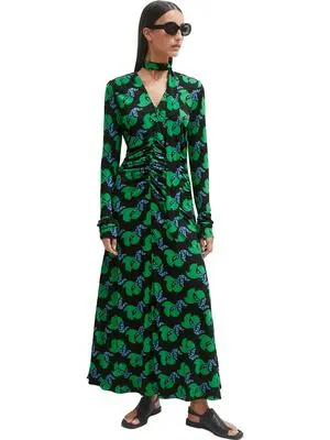 ME+EM Crepe Birds Of Paradise Maxi Dress With Belt - Navy/clover Green/blue