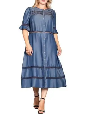 STANDARDS & PRACTICES Lace Inset Tencel® Lyocell Midi Dress - Blue Rinse
