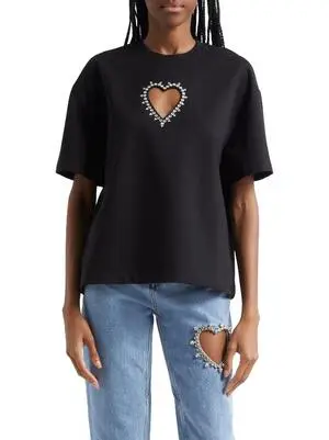 AREA Crystal Trim Heart Cutout Relaxed Fit T-shirt - Black