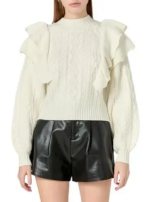 Endless Rose Ruffle Cable Stitch Sweater - Ivory