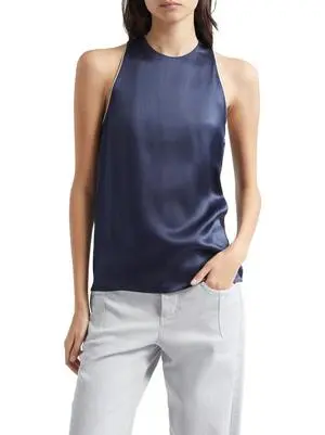 Eleventy Sleeveless Silk Charmeuse Top - Blue And Sand