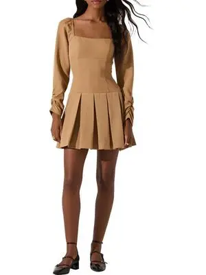 Astr The Label Long Sleeve Pleated Mini Dress - Tan