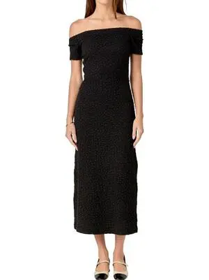 English Factory Textured Off-the-shoulder Midi Dress - Black
