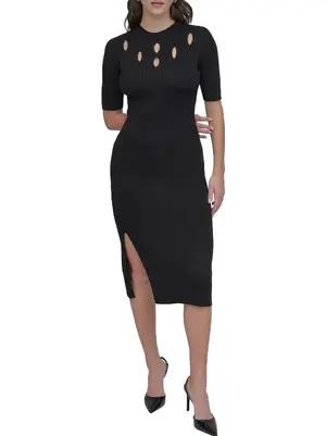 Dkny Cutout Detail Ribbed Sweater Dress - Black
