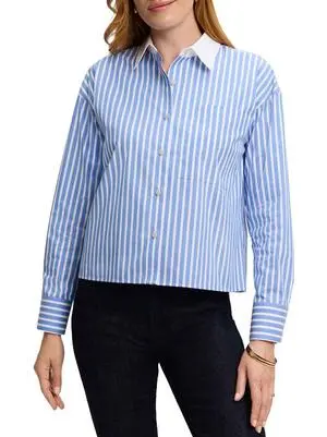 Foxcroft Marina Stripe Cotton Button-up Shirt - Periwinkle