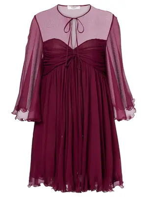 Chloé Sheer Ruched Silk Minidress - Burgundy