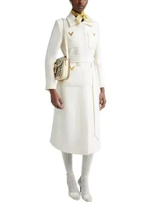 Valentino Garavani V-detail Belted Virgin Wool & Silk Drill Coat - Avorio