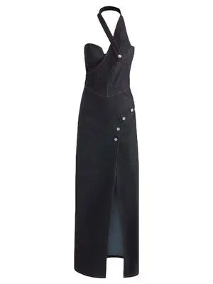 JENDUE Davidson Asymmetrical One-shoulder Denim Maxi Dress With Contrast Stitching - Deep Blue