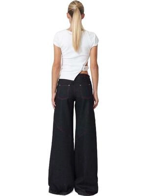 JENDUE Davidson Wide Leg Jeans With Contrast Stitching And Cutout Detail - Deep Blue