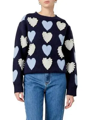 English Factory Heart Faux Pearl Embellished Sweater - Navy Multi