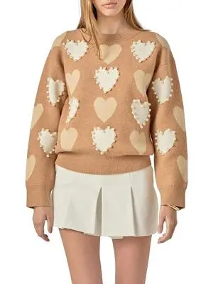 English Factory Heart Faux Pearl Embellished Sweater - Tan Multi