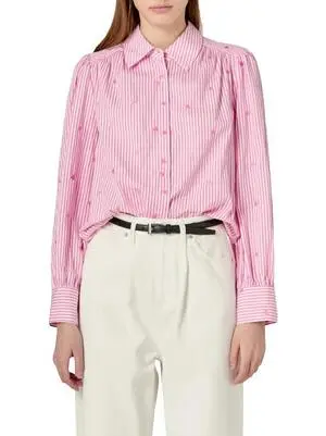 English Factory Heart Embroidery Stripe Button-up Shirt - Pink/ White