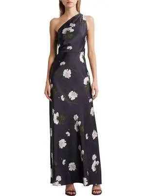 Sachin & Babi Delphine Floral One-shoulder Gown - Dark Midnight Carnations