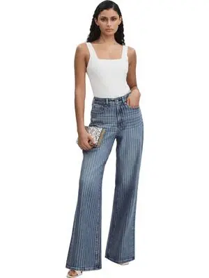 Good American Crystal-stripe Relaxed Jeans - Light Blue
