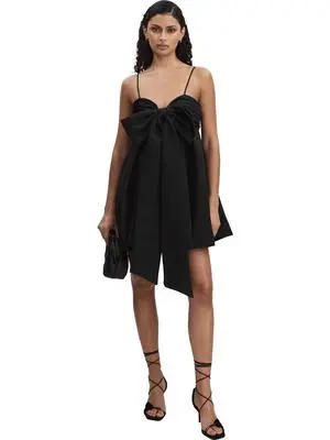 AMUR Satin Babydoll Dress With Bow - Black
