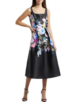 Julia Jordan Floral Fit & Flare Midi Dress - Black Multi