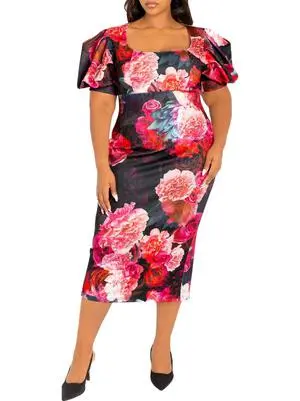 BUXOM COUTURE Floral Scuba Knit Midi Dress - Black Multi