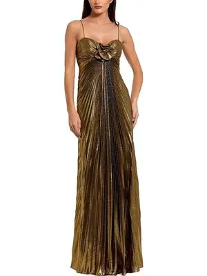 Mac Duggal Thin Strap Pleated Metallic Gown With 3d Flower - Antique Gold