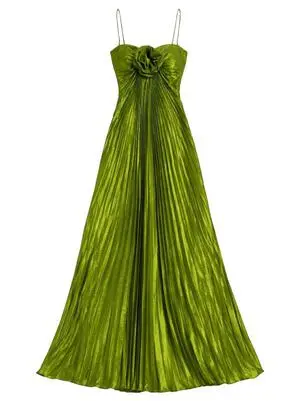 Mac Duggal Thin Strap Pleated Metallic Gown With 3d Flower - Apple Green