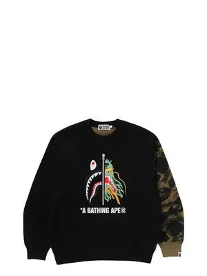 A BATHING APE X Clot Camo Shark Crewneck Sweatshirt - Olive