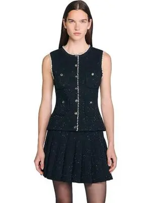 Sandro Tweed Waistcoat With Pearl Buttons - Black