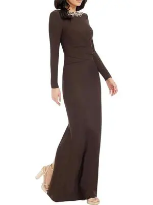 Dress The Population Dress The Population Black Label Crystal-Embellished Column Gown Mocha