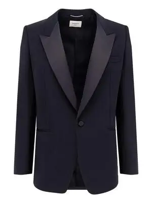 Saint Laurent Certified Wool Blazer With Satin Lapel - Black