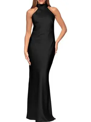 XSCAPE EVENINGS Halter Neck Satin Sheath Gown - Black
