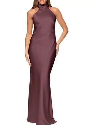 XSCAPE EVENINGS Halter Neck Satin Sheath Gown - Chocolate