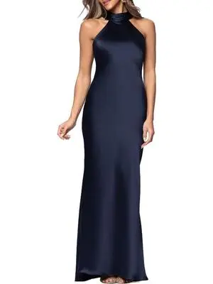 XSCAPE EVENINGS Halter Neck Satin Sheath Gown - Navy