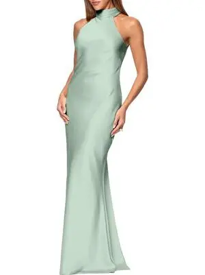 XSCAPE EVENINGS Halter Neck Satin Sheath Gown - Sage